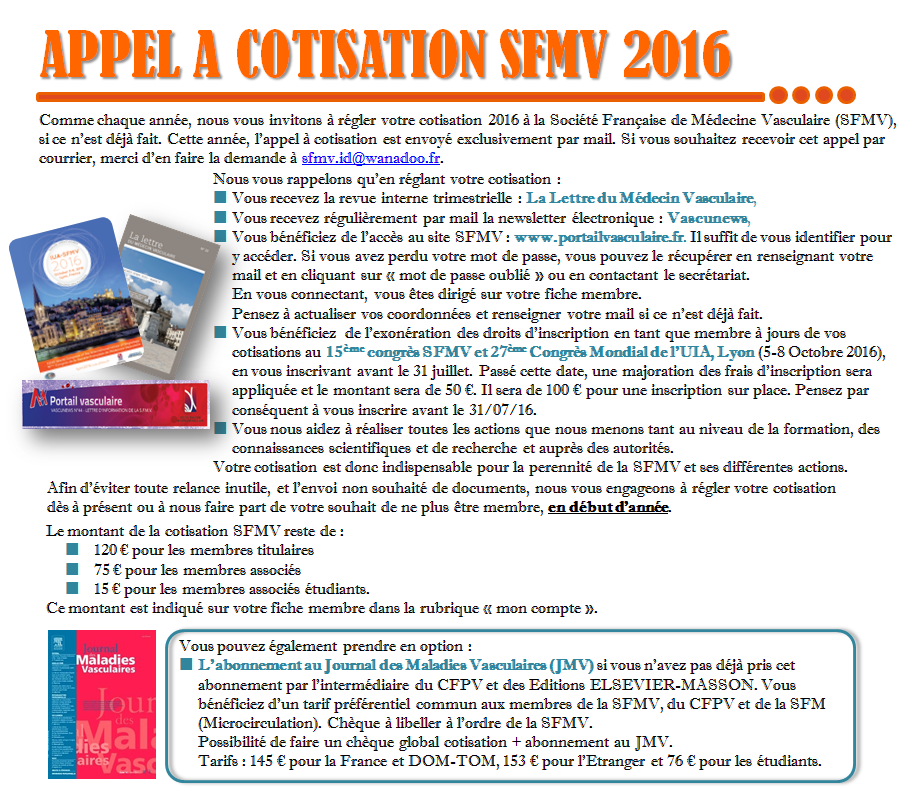 Appel à cotisation SFMV 2016 ... | Portail Vasculaire de la SFMV
